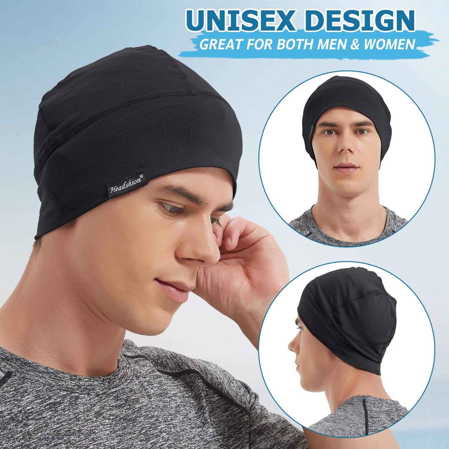 Headshion Cooling Skull Caps for Men Women,2-Pack Lightweight Beanie Helmet Liner (Large,Black)