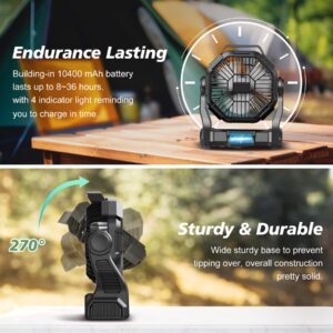 CONBOLA Portable Rechargeable Camping Fan for Tent, 10400mAh Battery Operated Outdoor Fan with Hanging Hook, LED Lantern, 270° Rotation, 10-Inch Small Quiet Personal Usb Cooling Fan for Travel