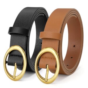 sansths 2 pack women belts for jeans pants fashion ladies dress belt with gold buckle,black brown，m