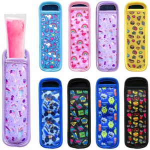 hzran ice pop sleeves, 8 pieces ice pop neoprene insulator sleeves, freezer popsicle holder sleeves, colorful ice sleeves holder bag, reusable washable ice popsicle holders for kids.