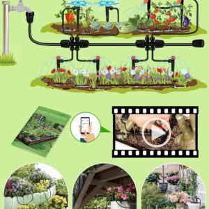 Landtouch Drip Irrigation System, Garden Watering System with Adjustable Drip Emitters Misting Sprinkler, Efficient Sprinkler System Kit for Flower Bed, Raised Bed, Greenhouse, Lawn