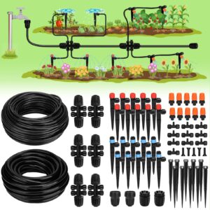 landtouch drip irrigation system, garden watering system with adjustable drip emitters misting sprinkler, efficient sprinkler system kit for flower bed, raised bed, greenhouse, lawn