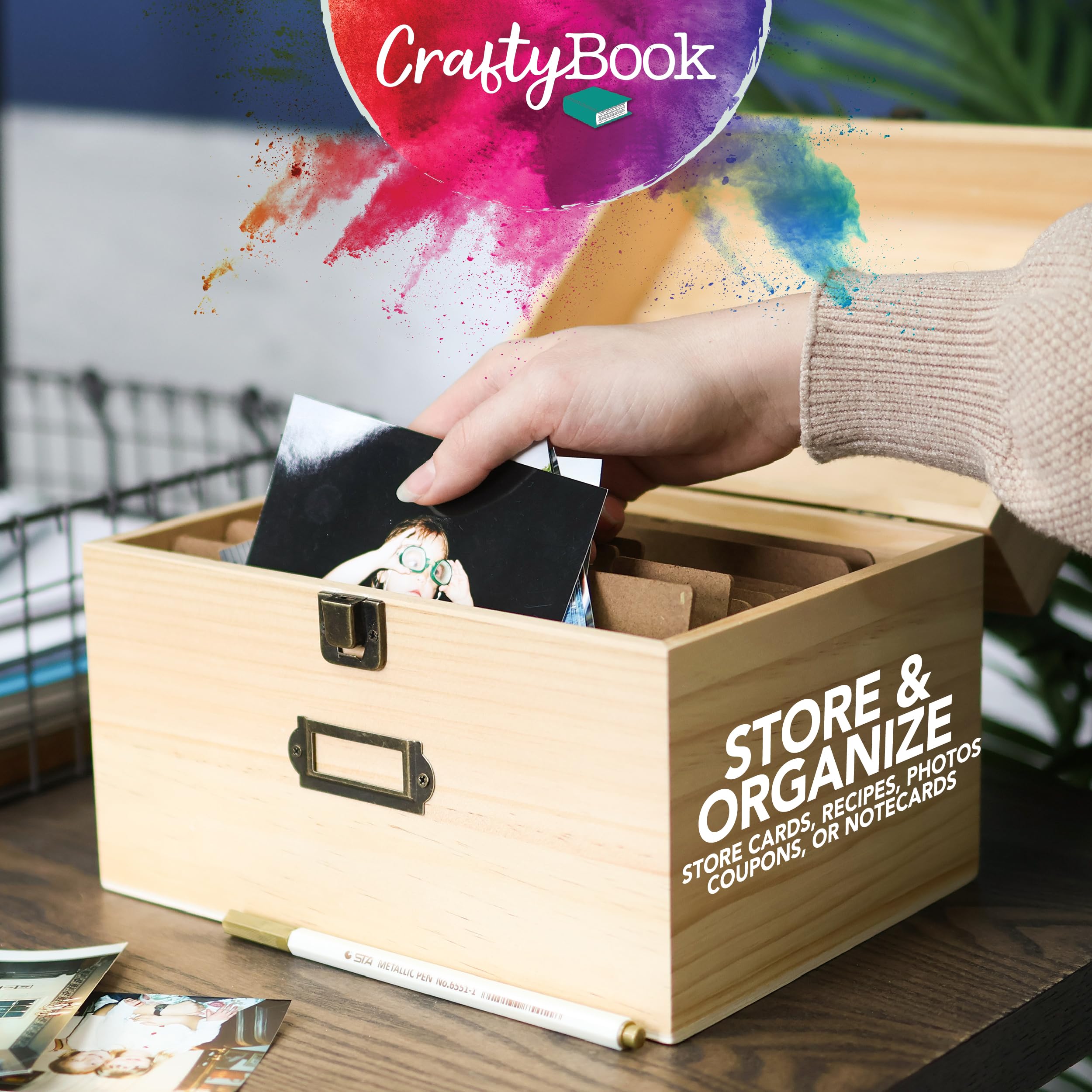 CraftyBook Greeting Card Organizer Box with Dividers - Empty Wooden Card Keeper Envelope Storage Box for 5 x 7in Birthday and Christmas Cards - Stationery Organizer for All Occasion Note and Postcards