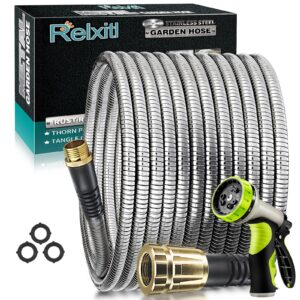 relxitl garden hose 100ft - stainless steel garden hose metal, flexible water hose with sprayer for yard - never kink & tangle, durable and leak proof heavy duty for outdoor use