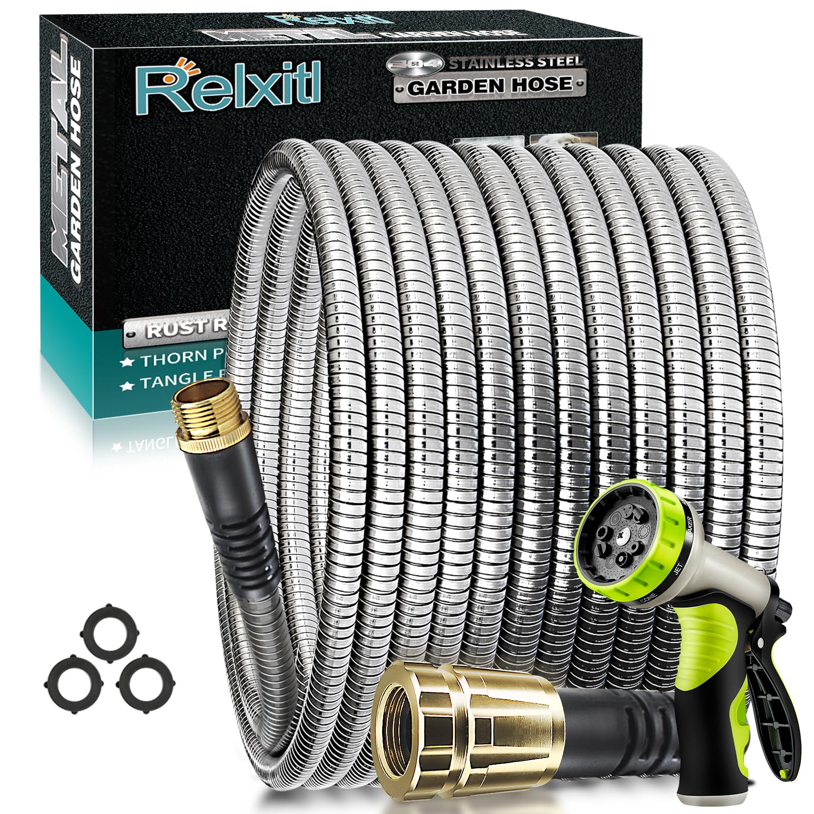 Relxitl Garden Hose 100ft - Stainless Steel Garden Hose Metal, Flexible Water Hose with Sprayer for Yard - Never Kink & Tangle, Durable and Leak Proof Heavy Duty for Outdoor Use