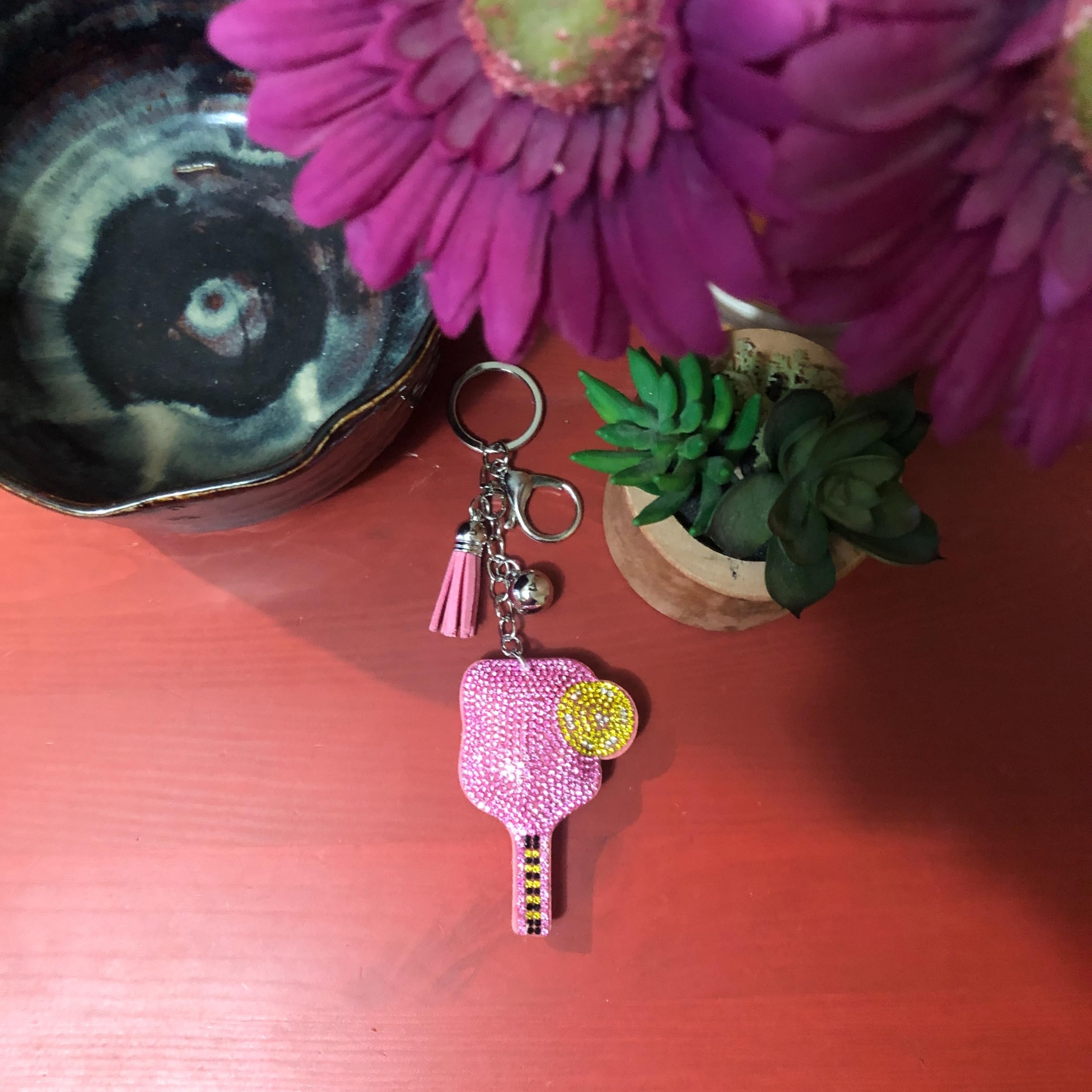 Popfizzy Bling Pink Pickleball Keychain for Women, Rhinestone Pickleball Backpack Keychain for Girls, Fun Pickleball Gifts