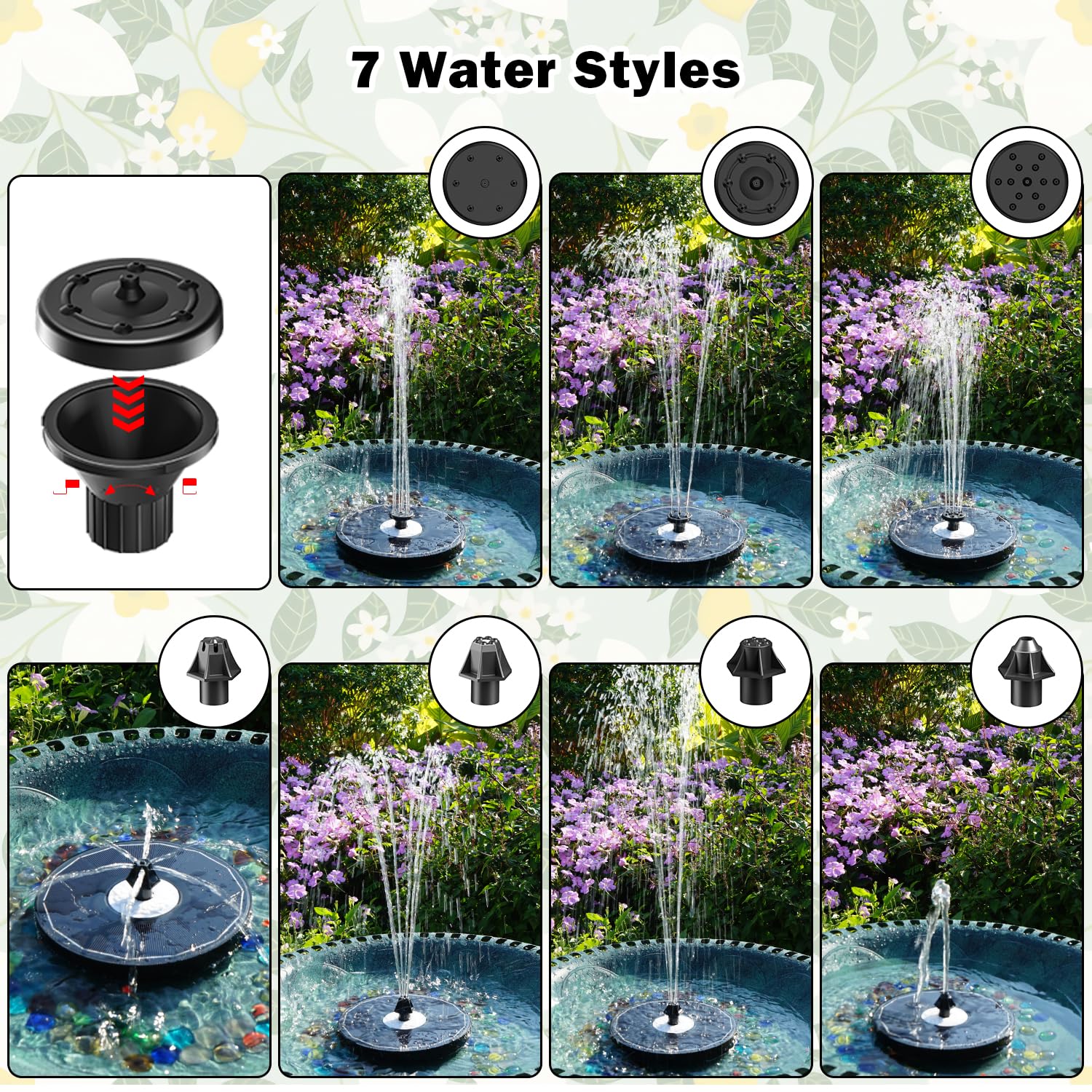 Yzert Solar Fountain Glass White Flower, 3.5W Bird Bath Fountains Solar Power No Battery with 4 Fixed Rods & 7 Nozzles, 2024 Solar Fountain Pump for Bird Bath, Garden, Outdoor, Pond, Pool,Hummingbird