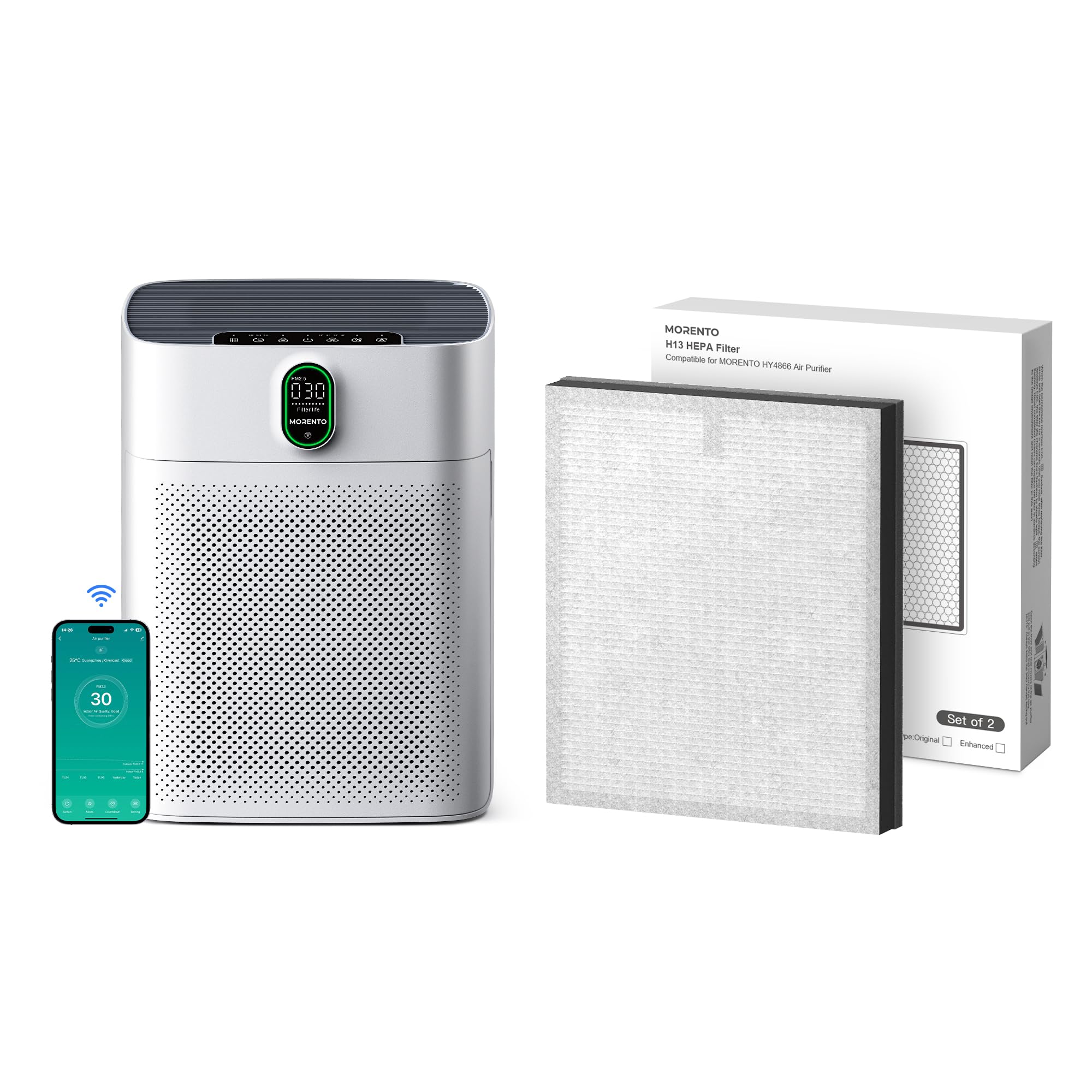 MORENTO Smart Air Purifier HY4866-WF Bundle with HY4866 Enhanced Version Air Purifier Replacement Filter 2 Pack