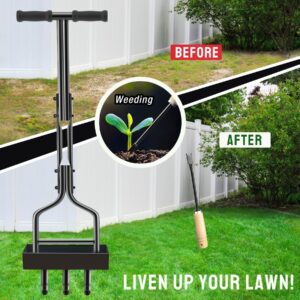 Fnwsja Manual Lawn Aerator with Tray & 3 Hollow Slots Manual Soil Corer Collector Lawn Plug Core Aeration Tool Heavy Duty Lawn Core for Soils & Lawns Yard Garden, 37.6 inches, Black