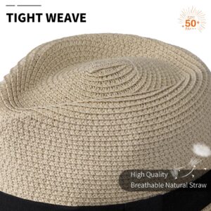 DressVoguer Straw Fedora Hat for Women Men Short Brim Panama Hat Roll Up Trilby Summer Beach Sun Hat UPF 50+ Beige