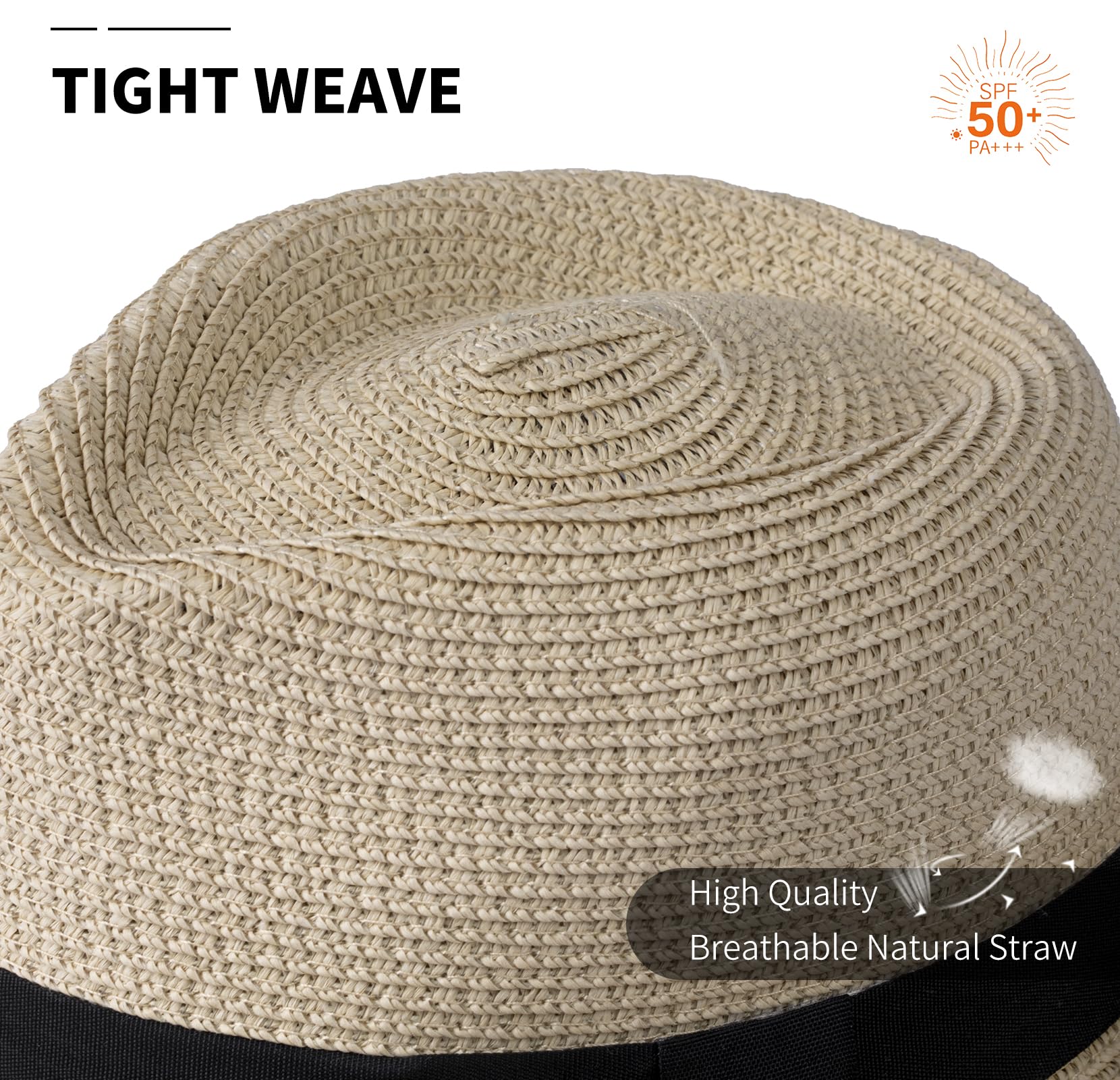 DressVoguer Straw Fedora Hat for Women Men Short Brim Panama Hat Roll Up Trilby Summer Beach Sun Hat UPF 50+ Beige