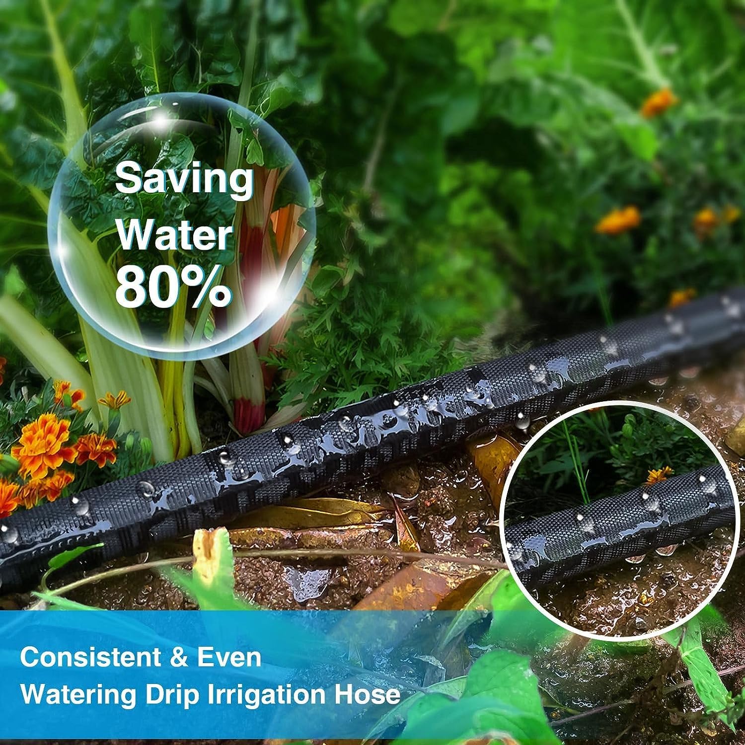 Flat Garden Soaker hose 50ft,Drip irrigation hose for garden beds,water hose with holes for flower beds,Saves 80% water.