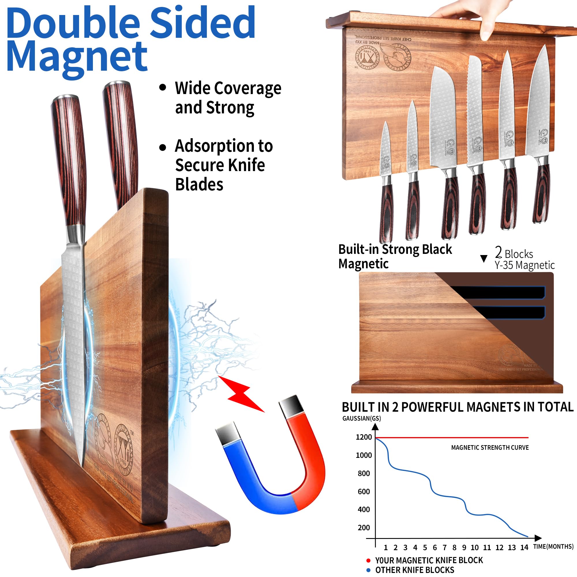 XYJ Extra Large Magnetic Knife Block Acacia Wood Knife Set Holder Stand With Stronge Magnetic Strip Kitchen Knives Storage Rack Organizer Tools No Drilling