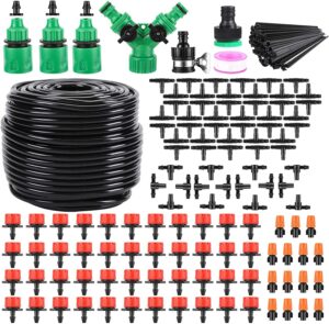 wugaogai drip irrigation system 164ft 180 pack garden drip irrigation kit 1/4"" blank tubing drip kit diy automatic irrigation equipment set for garden greenhouse, flower bed,patio,lawn