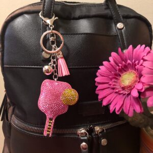 Popfizzy Bling Pink Pickleball Keychain for Women, Rhinestone Pickleball Backpack Keychain for Girls, Fun Pickleball Gifts