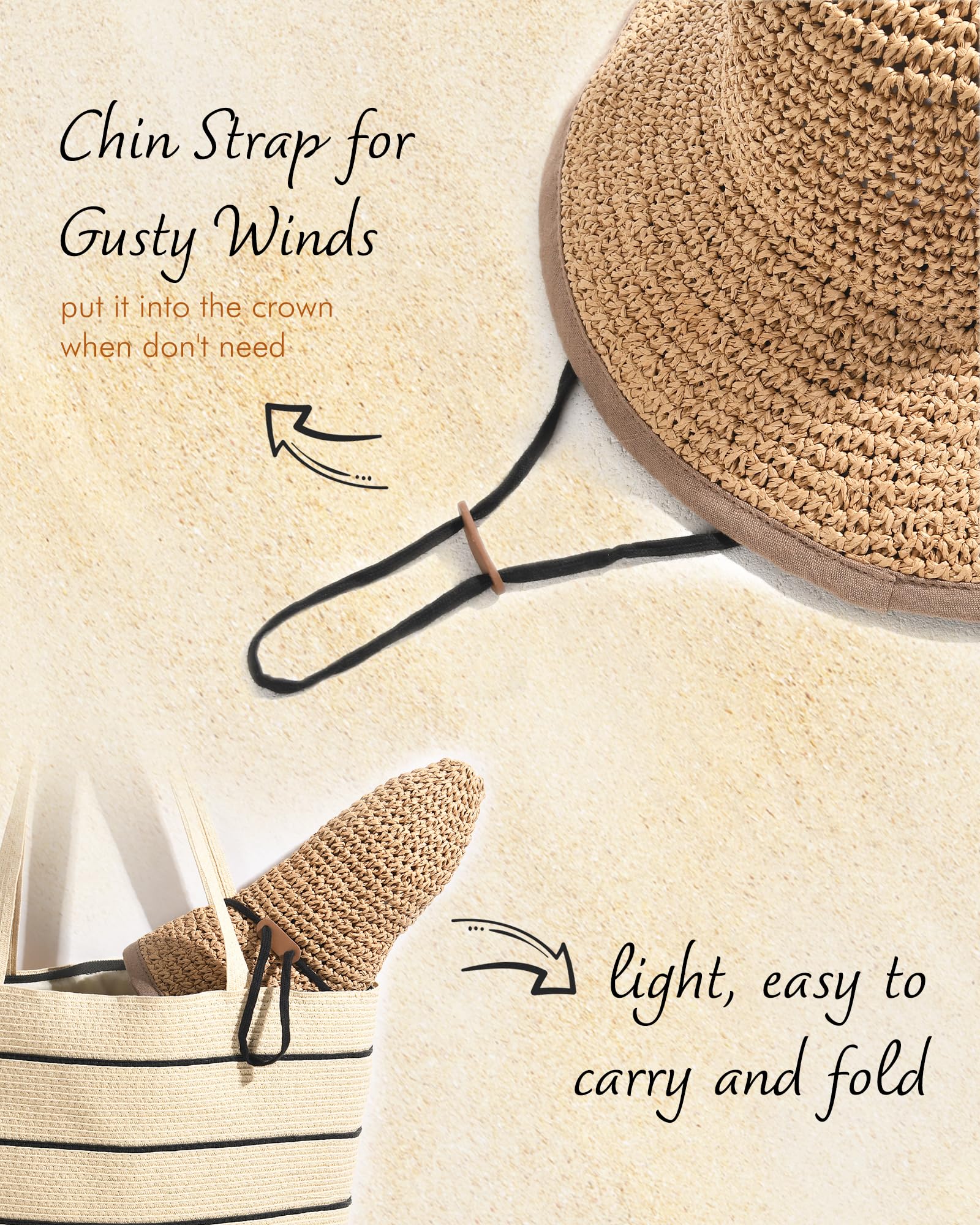 FURTALK Sun Hats for Women Summer Beach Hat Wide Brim Handmade Straw Hat Foldable Packable UPF 50 Crochet Travel Bucket Hat Khaki