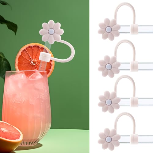 4 PCS Silicone Straw Covers Cap Compatible with Stanley 30&40 Oz Cup, 10mm Cute Flower Straw Toppers for Tumblers, Dust-Proof Drinking Straw Caps for Reusable Straws Tips Lids