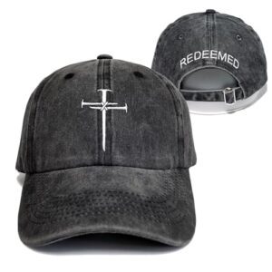 giavuwn christian redeemed cross nails hats for men women, vintage cotton embroidered front & back adjustable baseball cap black