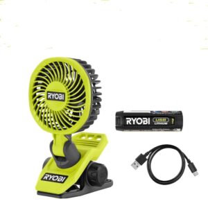 ryobi usb lithium clamp fan kit with 2.0 ah usb lithium battery and charging cable, green