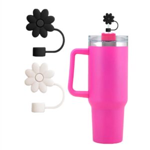 2 pack flower straw cover cap for stanley cup cute silicone straw topper compatible with 30&40 oz tumbler with handle,straw tip covers 10mm 0.4in diameter (black and white flower)