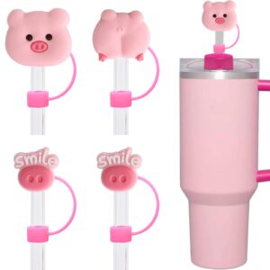 amreich cute pig straw cover cap for stanley cup, 4 pcs pink straw toppers dust-proof silicone straw cover for water bottle 30 40 oz tumblers accessories for home office use