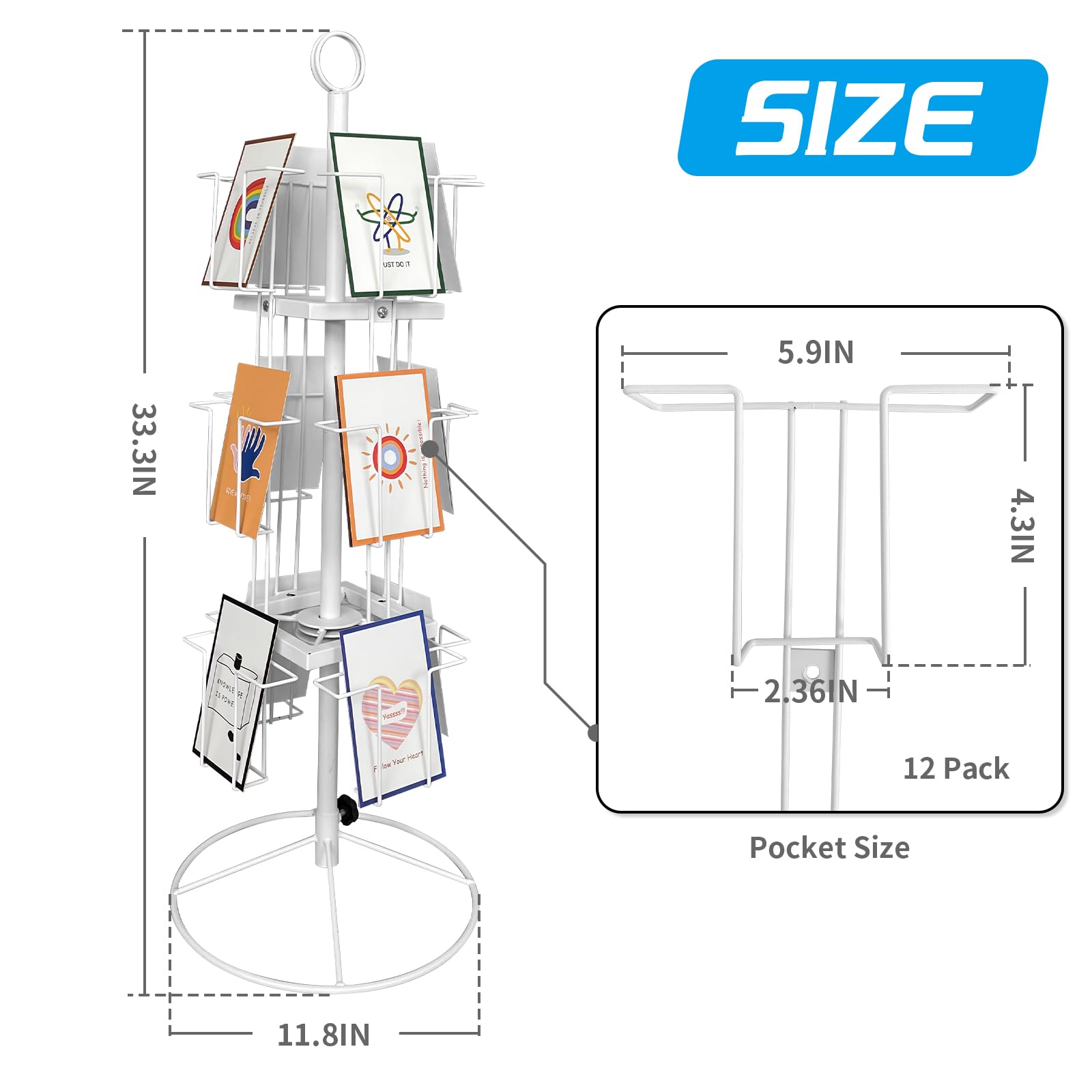 Tongmo Rotating Greeting Card Stand - Enhance Your Display with a 12-Pocket Rotating Countertop Solution for Postcards, Brochures, and Greeting Cards (7”H - 12 Pockets) (White)