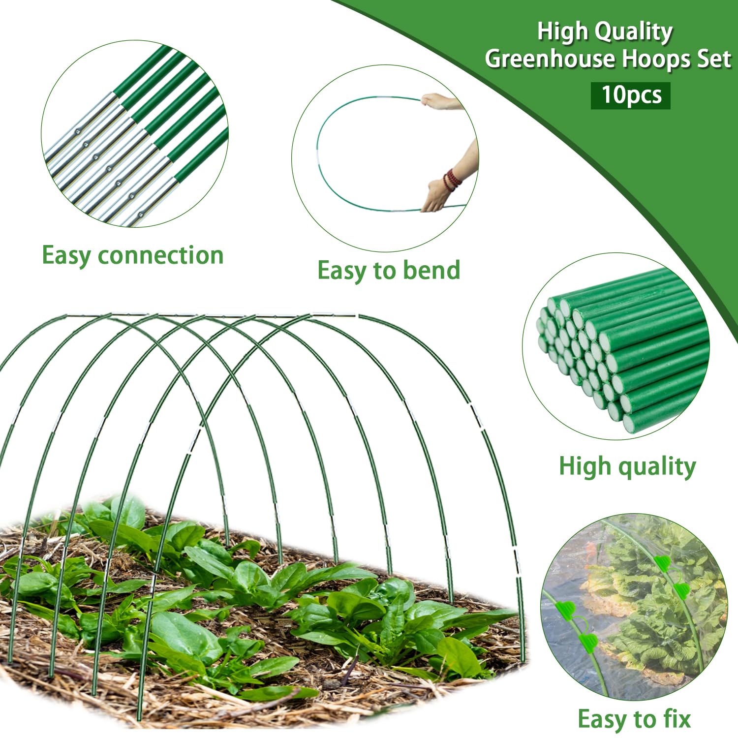 Garden Hoops for Raised Bed, 60 PCS Greenhouse Hoops 10 Sets of 8.5 FT Long Garden Arch Greenhouse Frame Rust-Free Fiberglass Garden Hoops for Row Cover Netting Shade Cloth