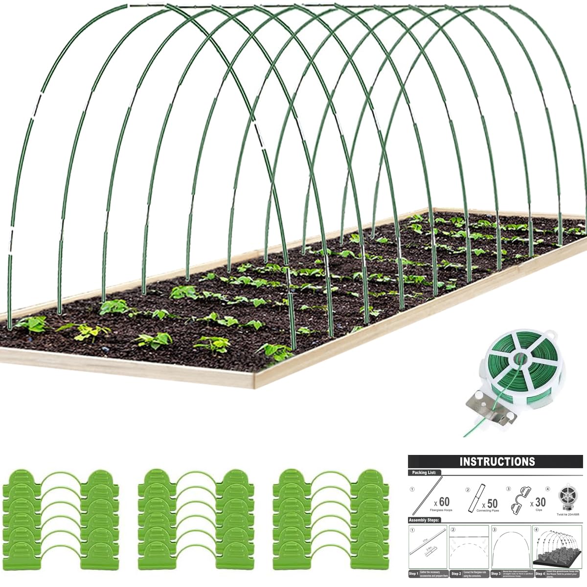 Garden Hoops for Raised Bed, 60 PCS Greenhouse Hoops 10 Sets of 8.5 FT Long Garden Arch Greenhouse Frame Rust-Free Fiberglass Garden Hoops for Row Cover Netting Shade Cloth