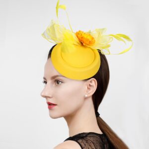 Zinniday Yellow Feathers Veil Fascinators - 50s Cute Flower Headwear Tea Party Hats Artificial Floral Hat Decor with Hair Clip for Women Girls