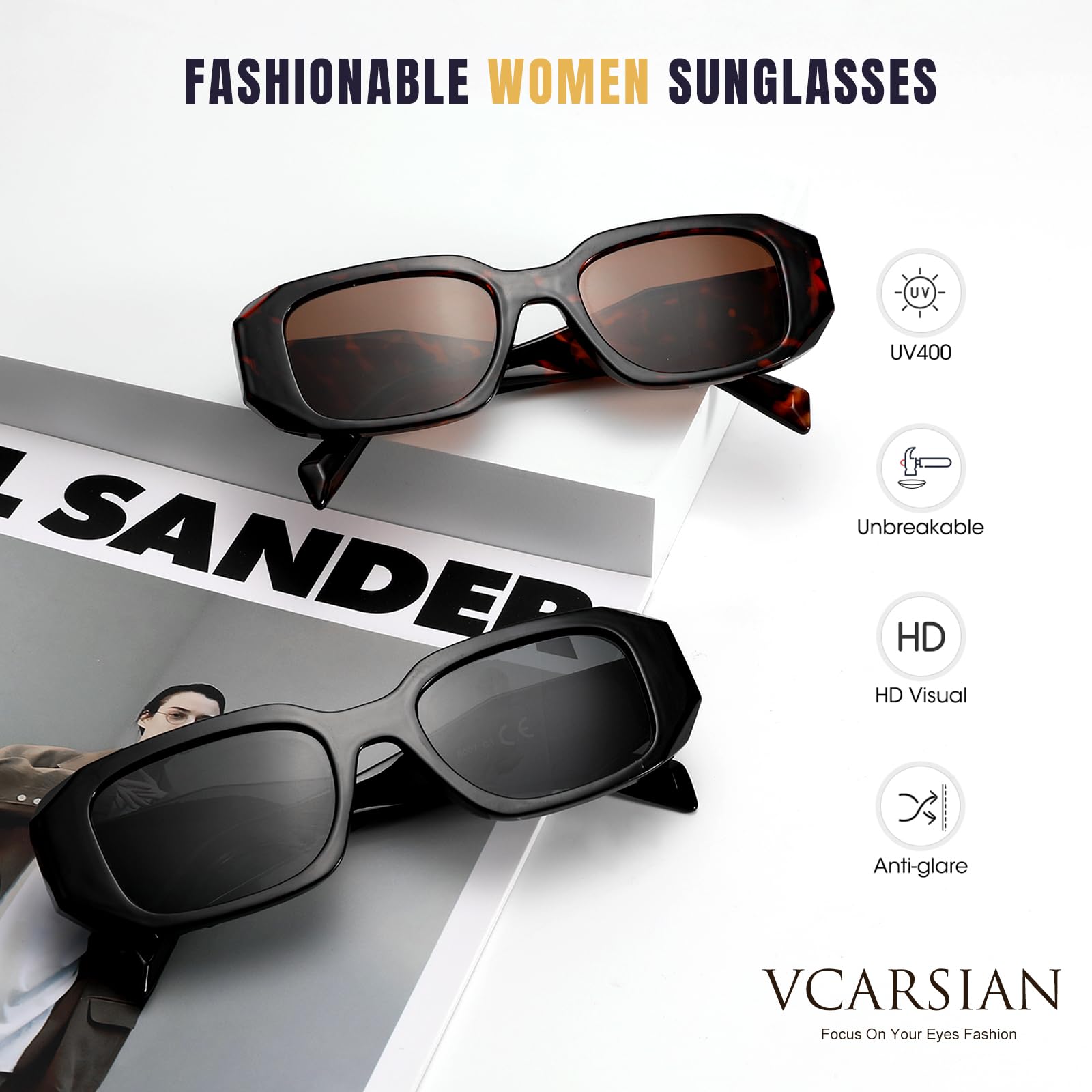 Vcarsian Trendy Rectangle Sunglasses for Women Men,Y2K Sun Glasses Vintage Retro Glasses 90s Square Frame,Aesthetic Cool Driving Sunglasses