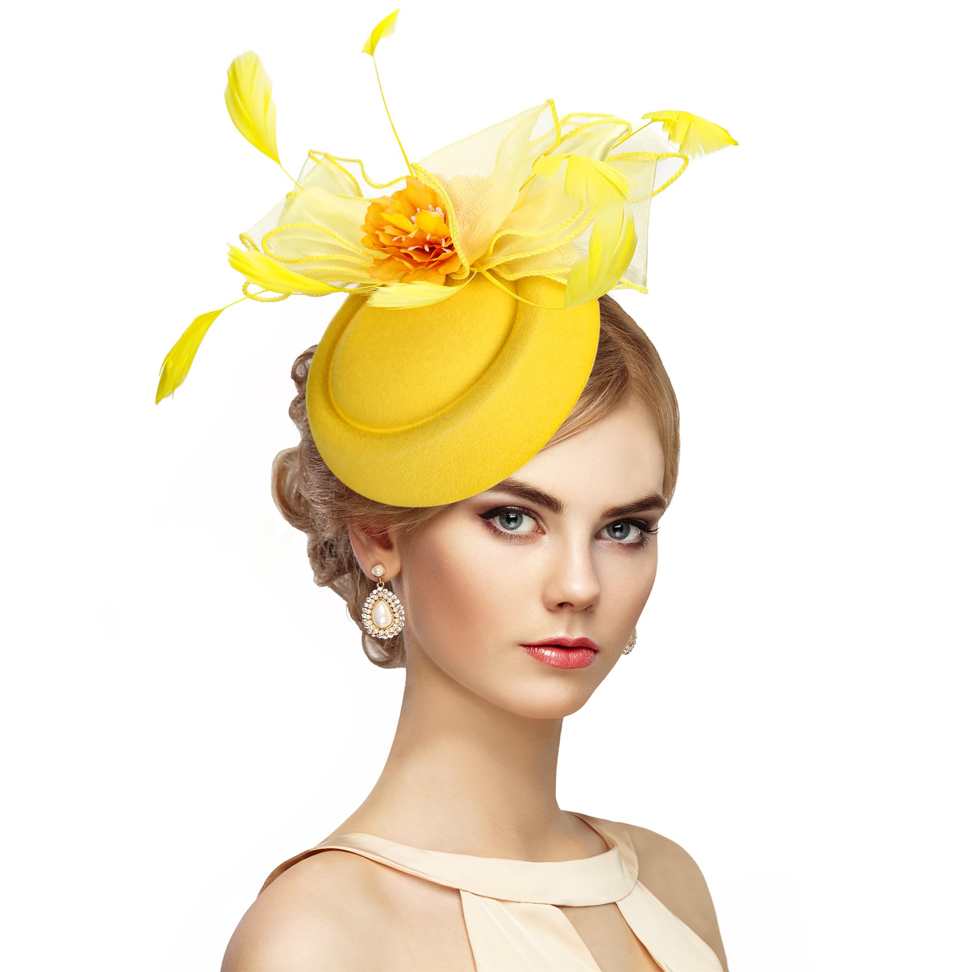 Zinniday Yellow Feathers Veil Fascinators - 50s Cute Flower Headwear Tea Party Hats Artificial Floral Hat Decor with Hair Clip for Women Girls