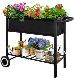 fiwithy raised garden bed with legs for outdoor plants, standing elevated planter box cart on wheels for vegetables flower herb patio, black