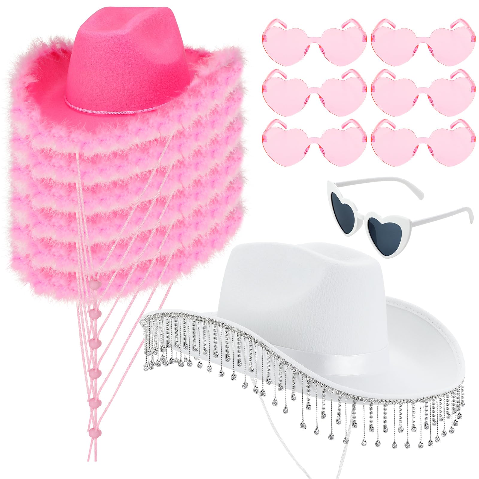 Panitay 14 Pcs Bridal Cowgirl Party Set Bachelorette Feather Cowgirl Cowboy Hat Heart Shaped Sunglasses Fringes Hat Bride Cowboy Hat for Women Wedding Bachelorette Birthday Costume Party Last Disco