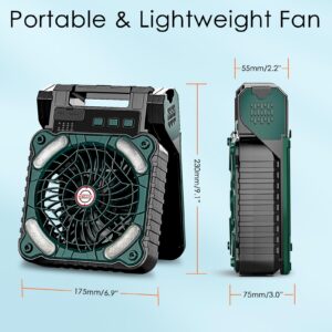 Sendowtek Portable Battery Fan with Solar Panel, 10400mAh Rechargeable Fan with Timer LED Light Small USB Battery Powered Camping Fans for Travel Picnic Outdoor Indoor Cooling Sleeping (Green)