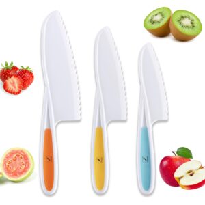 cokuma 3pcs toddler knife set, plastic kids knife set for real cooking, round tips with serrated edges, perfectly safe kids knife set (orange, blue, green)