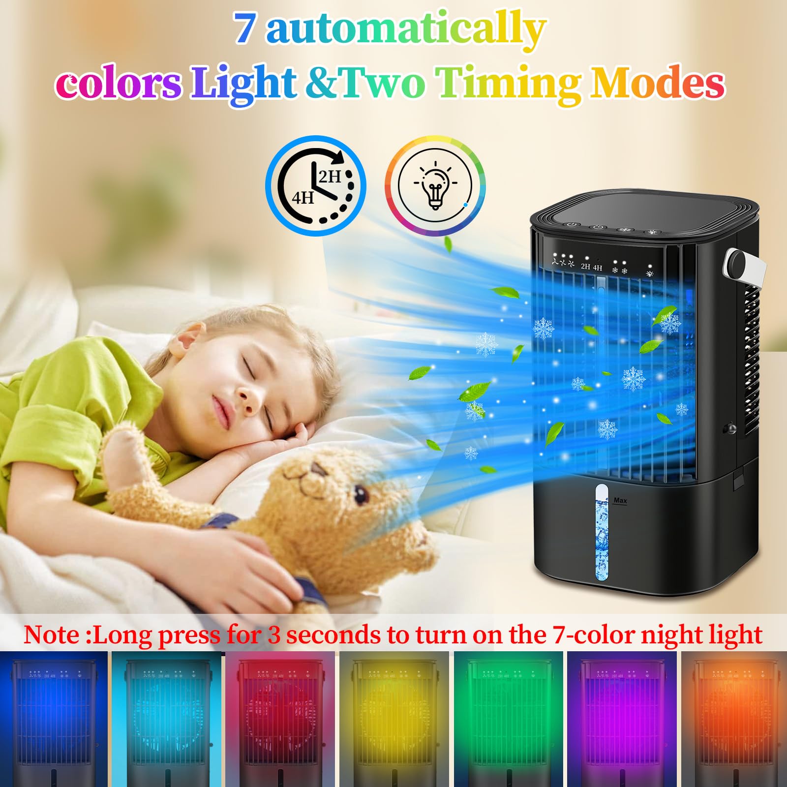 Portable Air Conditioners-Upgraded Evaporative Air Cooler,Portable AC with 3 Wind Speed & Mist, Mini Cooling Fan Personal Air Conditioner with 7 Night Light & 2-4H Timer for Bedroom Office Home-Black