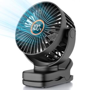 tunise mini clip on fan, battery operated desk fan, digital display，3 speeds adjustable, bidirectional 360 ° adjustable, super strong wind, portable fan for home office stroller camping black