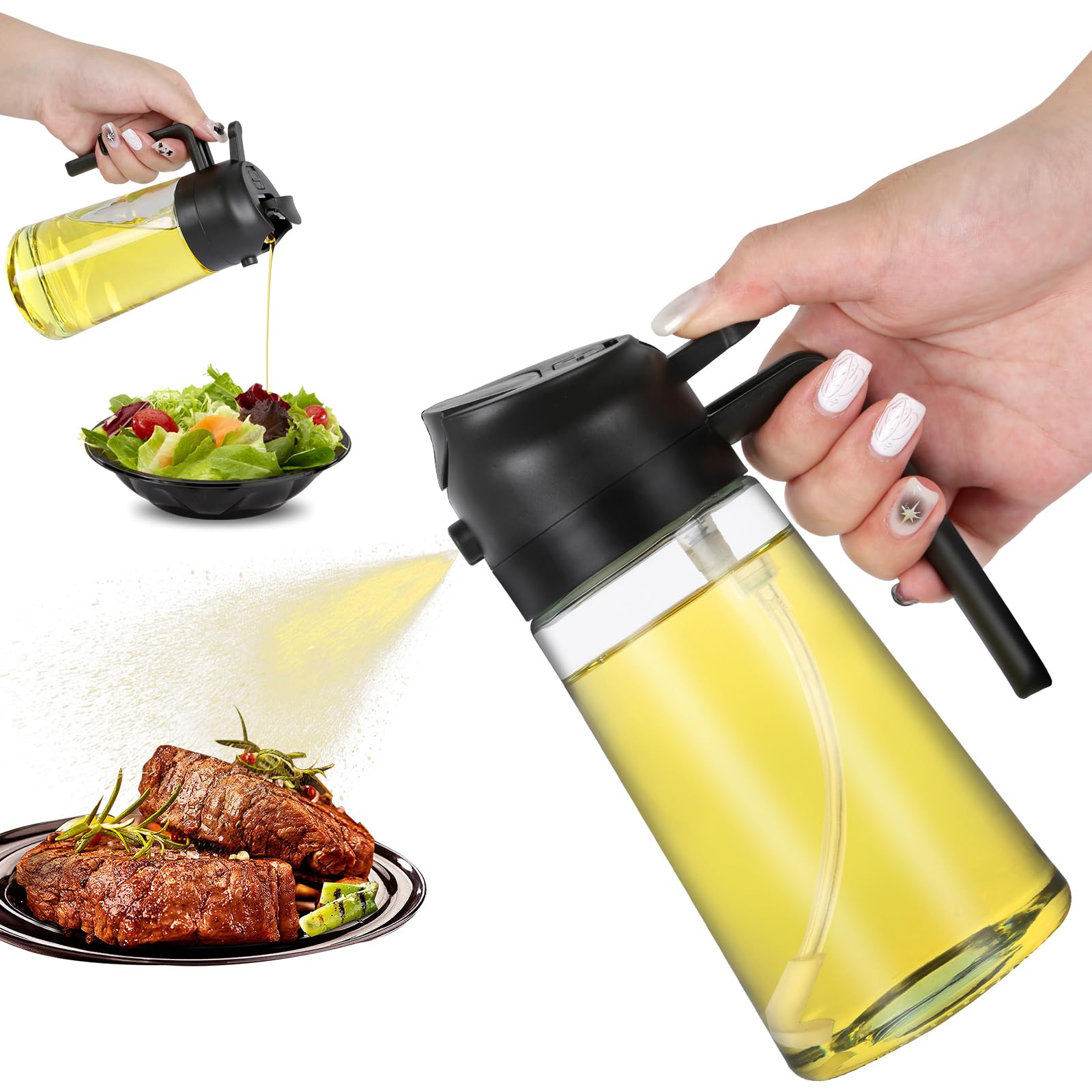 PRO IPLAS Oil Sprayer for Cooking, 2 in 1 Oil Dispenser and Oil sprayer, 16oz Oil Sprayer, Oil Spray and Pour Dispenser for Healthy Cooking,Air Fryer, BBQ, Salad, Baking, Steak (Black)