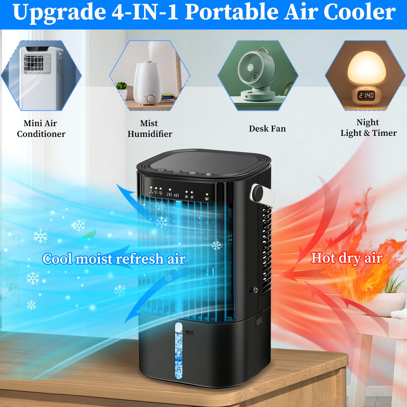 Portable Air Conditioners-Upgraded Evaporative Air Cooler,Portable AC with 3 Wind Speed & Mist, Mini Cooling Fan Personal Air Conditioner with 7 Night Light & 2-4H Timer for Bedroom Office Home-Black