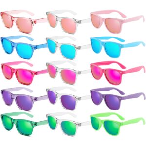 geopty 15 pack neon party favors sunglasses bulk, retro colorful mirror lens sunglasses 80s 90s party glasses (color, clear)