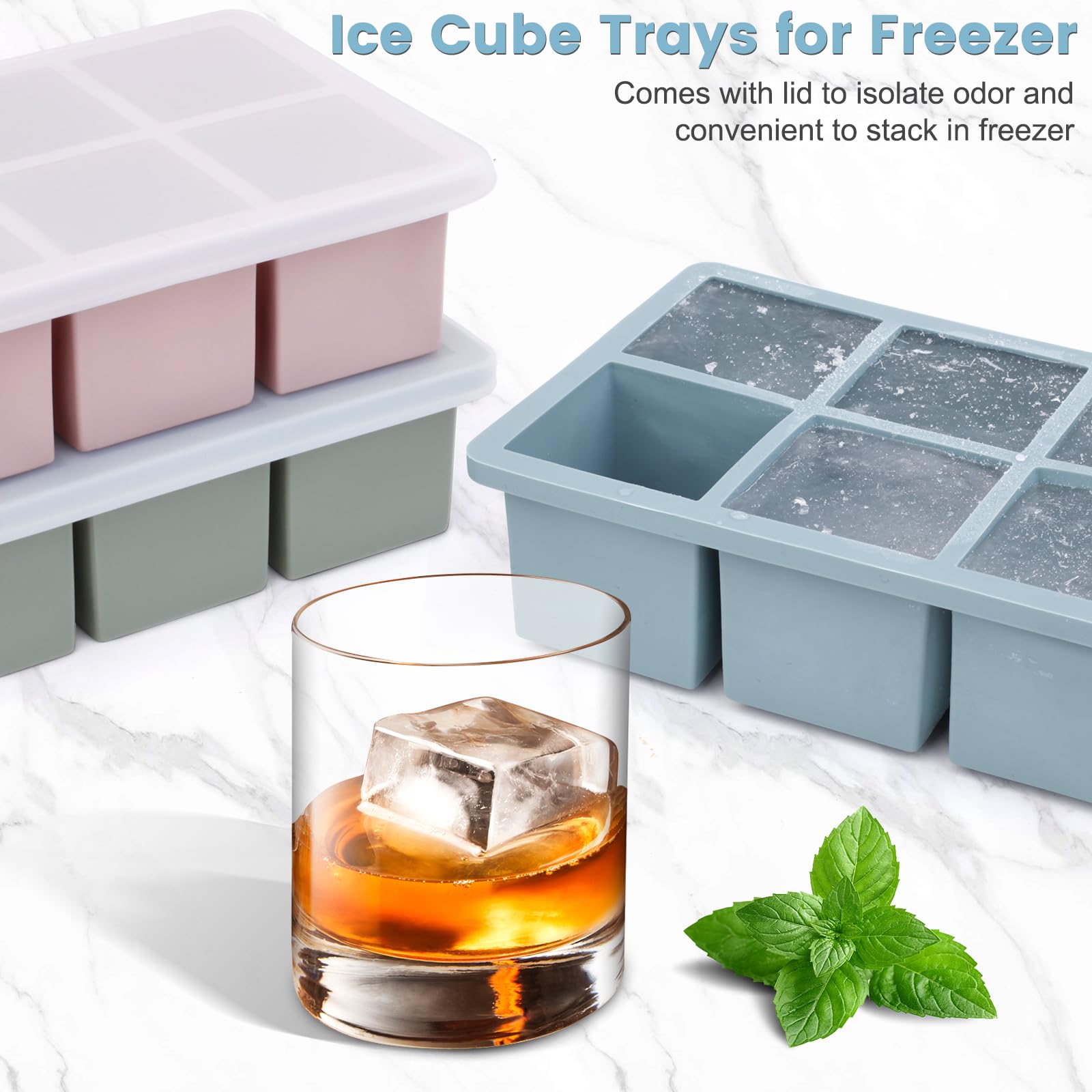 Large Silicone Ice Cube Tray 3Pack, SAWNZC Large Ice Cube Molds for Whisky Cocktail, 2inch Big Square Ice Tray for Freezer