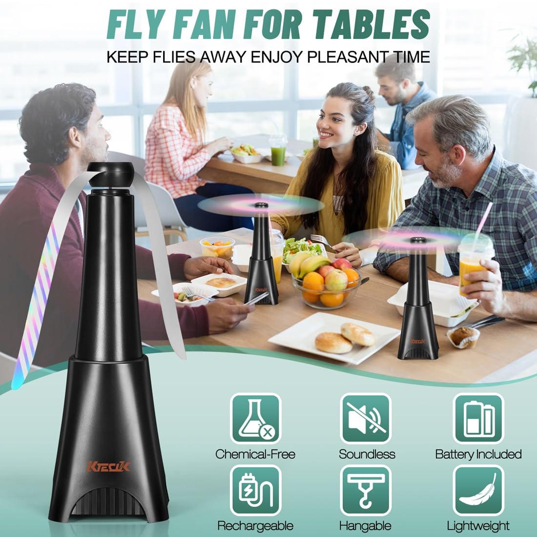 KIECIK Fly Fan for Table, Rechargeable Fly Repellent Fan Portable Chemical-Free Food Fan with Soft Blads to Keep Flies Away, USB Fly Repellent 4 Pack