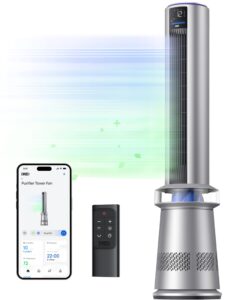 dreo air purifier tower fan, 45" 2-in-1 smart fan for bedroom, 27ft/s velocity, 120°oscillation, 24h timer bladeless fans for home, 25db low noise, standing fan works with alexa, mc710s, silver blue