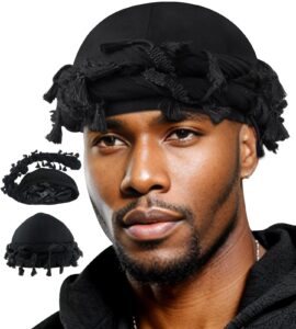 babalet halo turban for men women satin lined durag head wraps scarf skull cap pre-tied twist sleeping bonnet, black