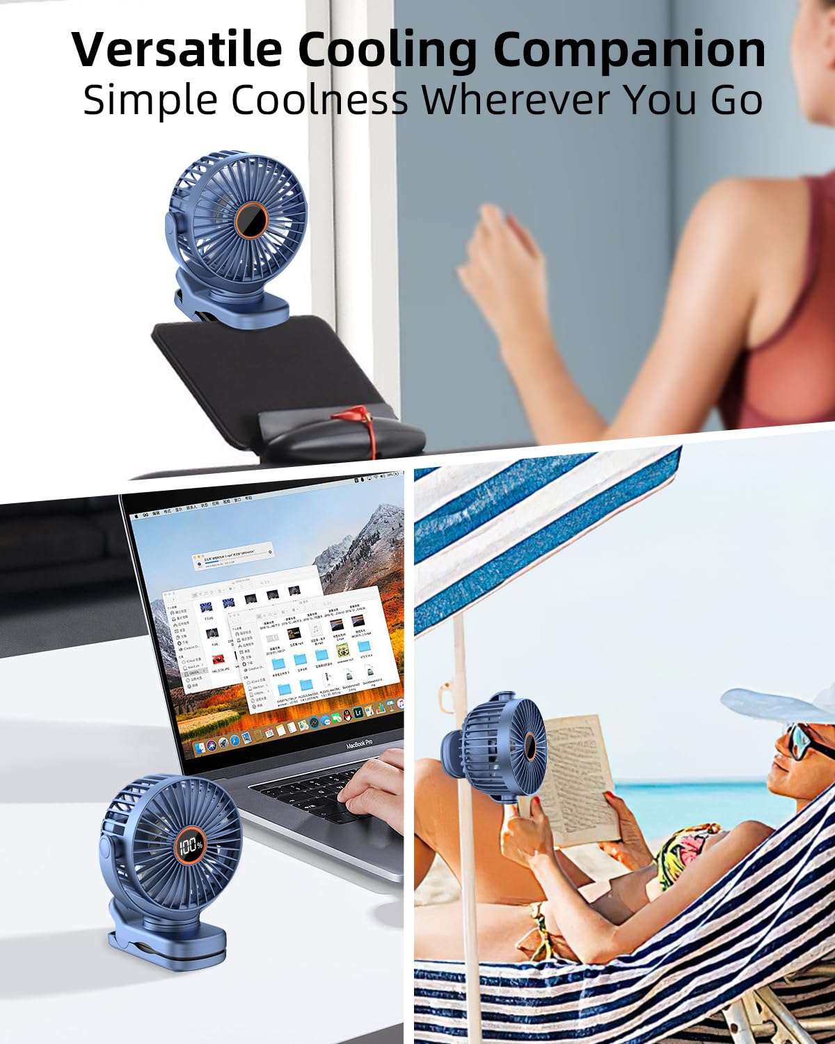 buywoo Portable Desk Fan, Battery Powered Stroller Fan With Strong Clamp Grip, 360° Rotation, 3-Speed & LED Display, Small Rechargeable Personal Clip On Fan For Bedroom, Office, Gyms, Blue