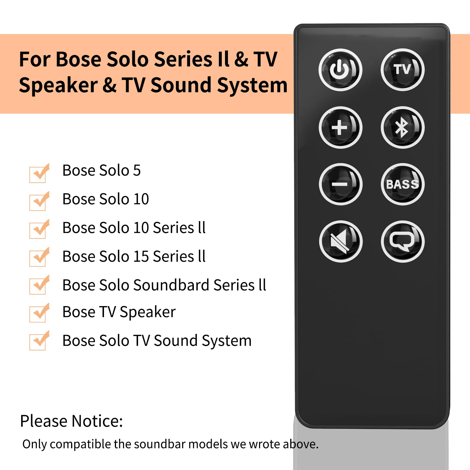 Replacement Remote Control for Bose Solo 5 10 15 Sound Bar, Compatible with Bose Solo 5 10 15 Series II TV Sound System 410376 418775 431974 845194 740928-1120 838309-1100 with CR2025 Battery