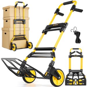 upgraded folding hand truck and dolly, 270lb capacity foldable hand truck with telescoping handle & silent tpr wheel, portable dolly cart with non-slip aluminum plate & elastic rope for moving, office