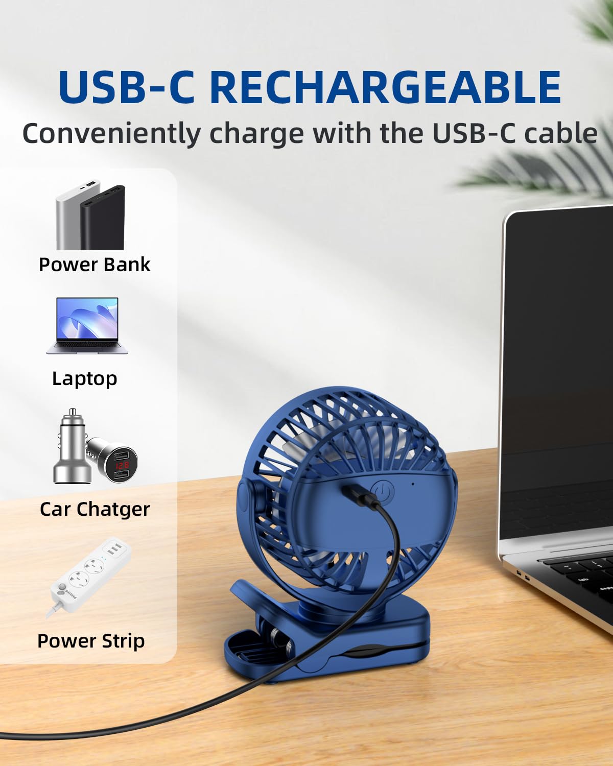 ASNUG Portable Mini Clip on Fan, 3 Speed Rechargeable Small USB Desk Fan with Strong Airflow, Battery Operated Personal Fan, 360° Rotate Adjustable Table Fan for Office Home Golf Cart Tent Stroller