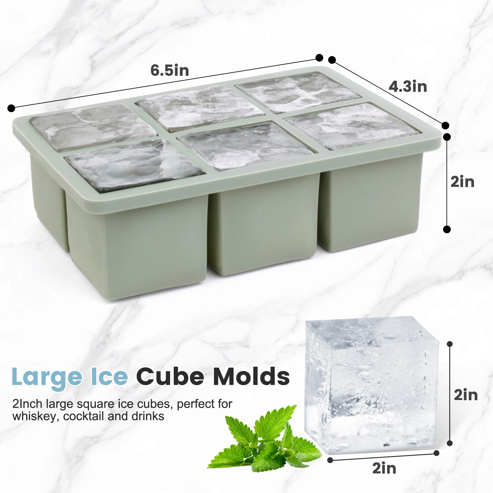 Large Silicone Ice Cube Tray 3Pack, SAWNZC Large Ice Cube Molds for Whisky Cocktail, 2inch Big Square Ice Tray for Freezer