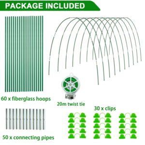 Garden Hoops for Raised Bed, 60 PCS Greenhouse Hoops 10 Sets of 8.5 FT Long Garden Arch Greenhouse Frame Rust-Free Fiberglass Garden Hoops for Row Cover Netting Shade Cloth